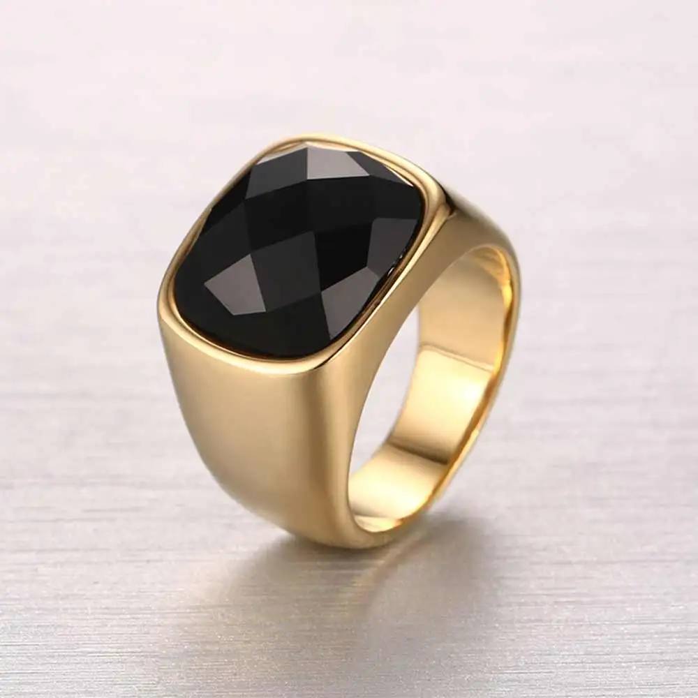 JHSL Big Large Men Black Stone Rings Golden Stainless Steel Fashion ...