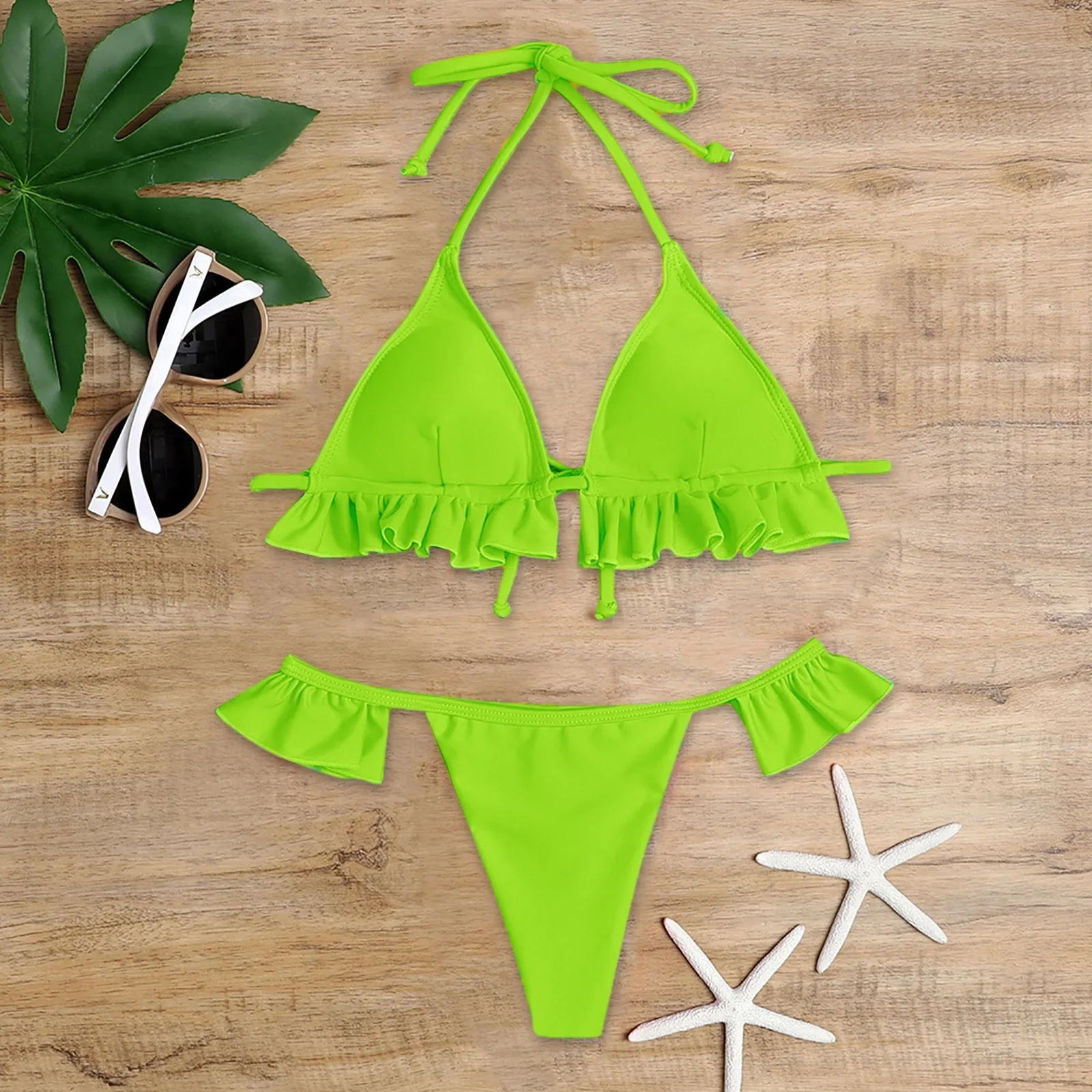 Women Green Ruffle Bikini Set 2022 Hot Lady Halter Swimsuit Swimwear ...