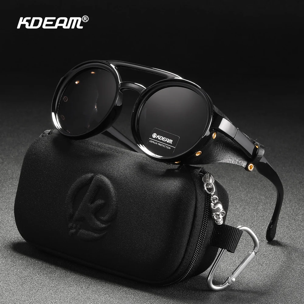 KDEAM Vintage Round Sunglasses Men Women Leather Shield Sun Glasses ...