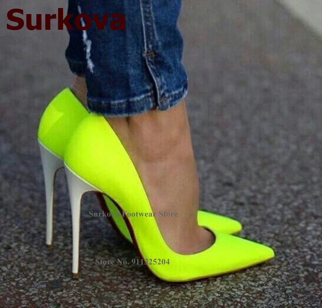 Surkova Neon Yellow 12cm High Heel Pumps White Stiletto Heels Shallow ...