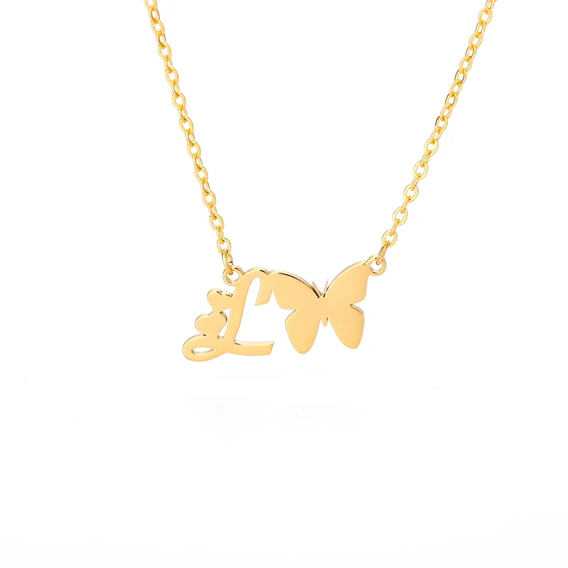 Cute A-Z Initial Letters Bow Necklaces Women Stainless Steel Gold Chain ...