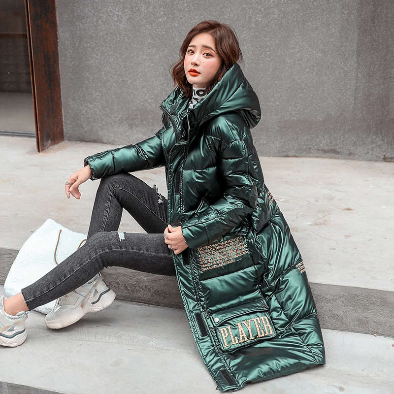 X long Winter Jacket For Women Hooded Shiny Female Cold Coat Letter ...