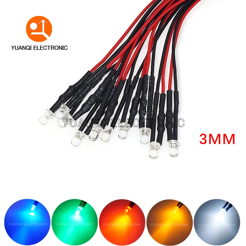 10PCS-3mm-LED-5-12V-20cm-Pre-wired-White-Red-Green-Blue-Yellow-UV-RGB ...
