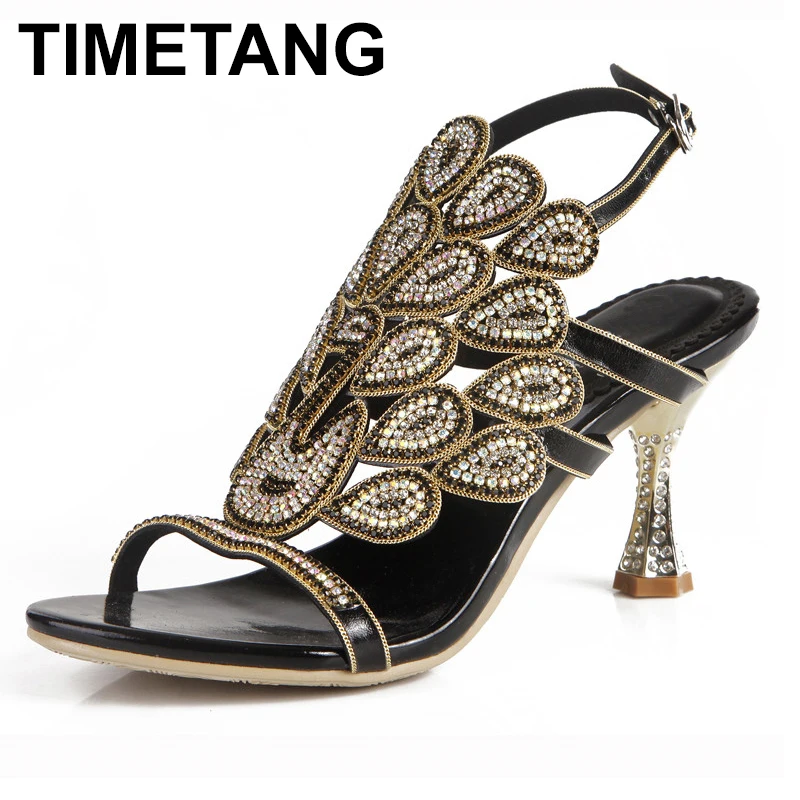 Timetangblack Rhinestone Women Sparkling Sandals Peacock Style Lady ...