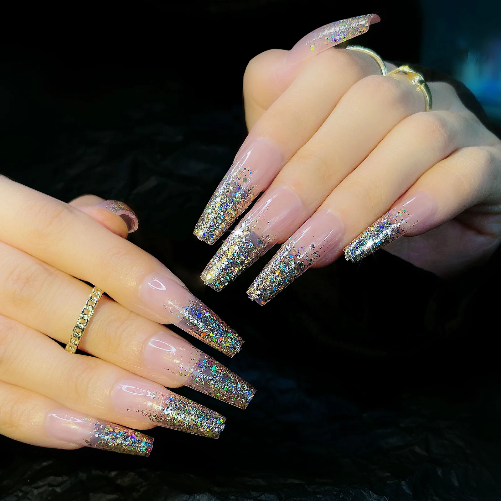 Gold Glitter With Design Extra Long False Nails French Ballerina Fake ...