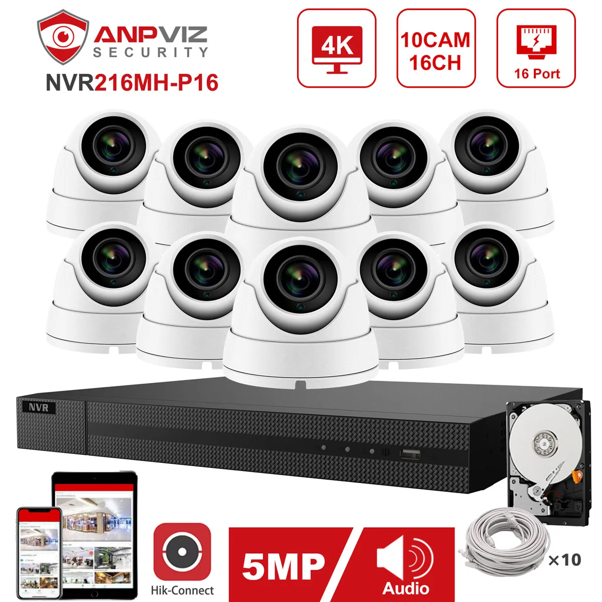 Hikvision OEM 16CH NVR Kit 4K Anpviz 5MP POE IP Camera System 10pcs IP ...