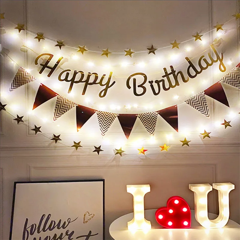 Happy Birthday Rose Gold Bunting Banner with 3m LED Light Party ...