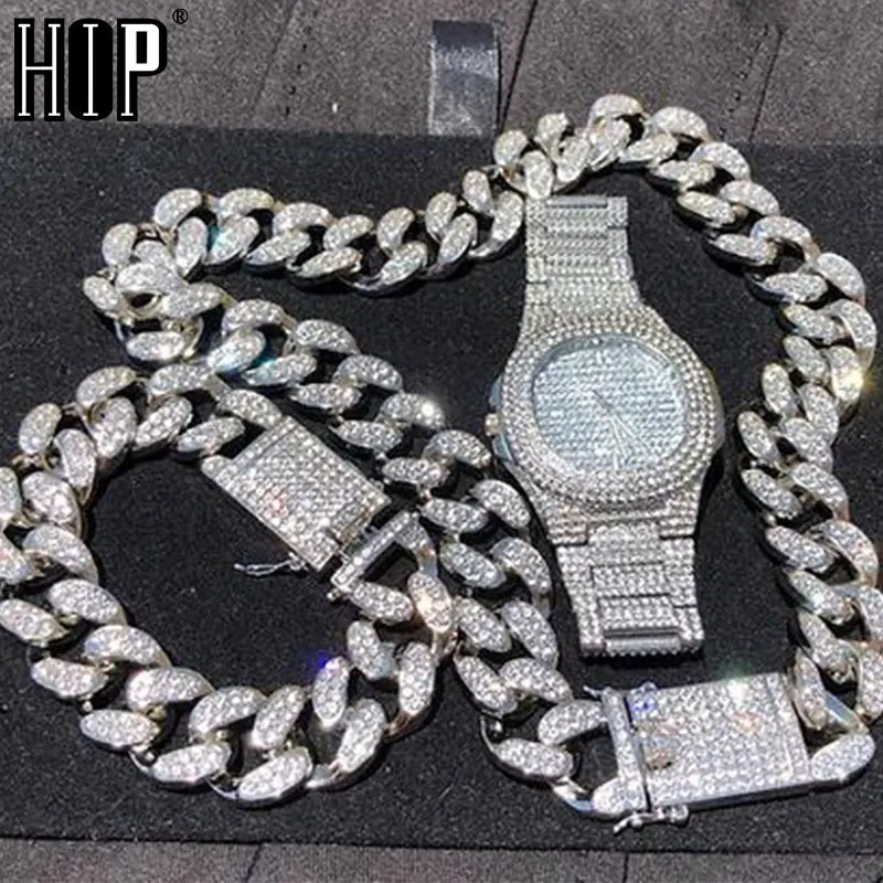 1 Juego de collar de cadena cubana de Miami, pulsera y reloj con ...