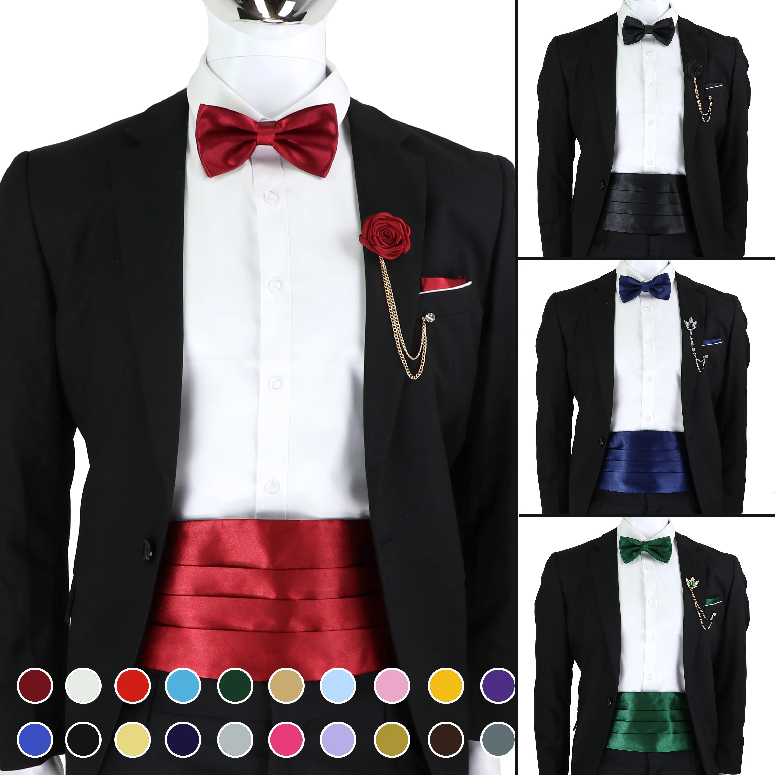 New Fashion Mens Cummerbund Bow Tie Brooch Set Black Red Blue Waist ...