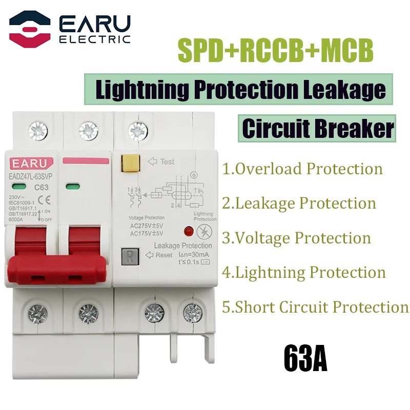 63A 2P SPD Residual Current Circuit Breaker With Overload Overvoltage RCBO RCCB Lightning ...