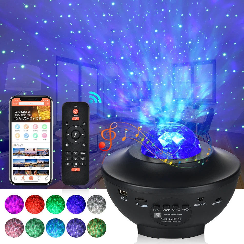 LED Galaxy Projector Ocean Wave LED Night Light Music Player Remote ...