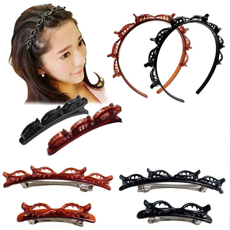 더블 레이어 앞머리 클립 새로운 크리에이티브 패션 플라스틱 헤어 클리퍼 여성 검은 머리핀 짠 멋진 머리 모양 스타일 액세서리