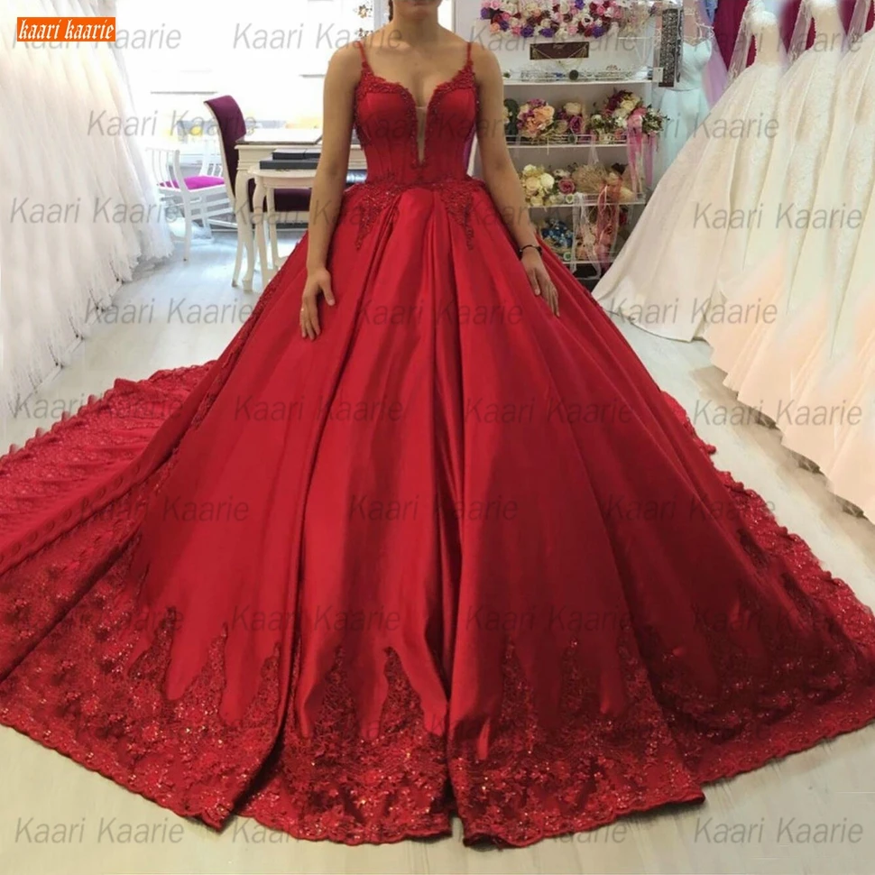 Sumptuous Red Wedding Dresses Lace Up Appliqued Satin Ball Gown Bridal ...