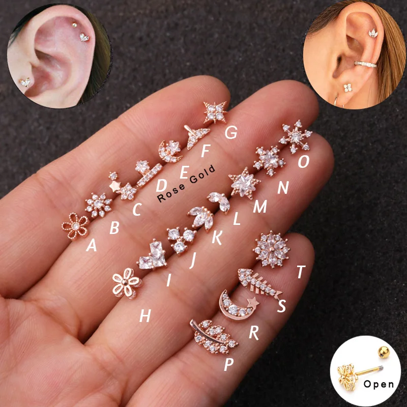 1 stück 20g Rose gold Cz Knorpel Stern Blume Fisch Krone Helix Piercing ...