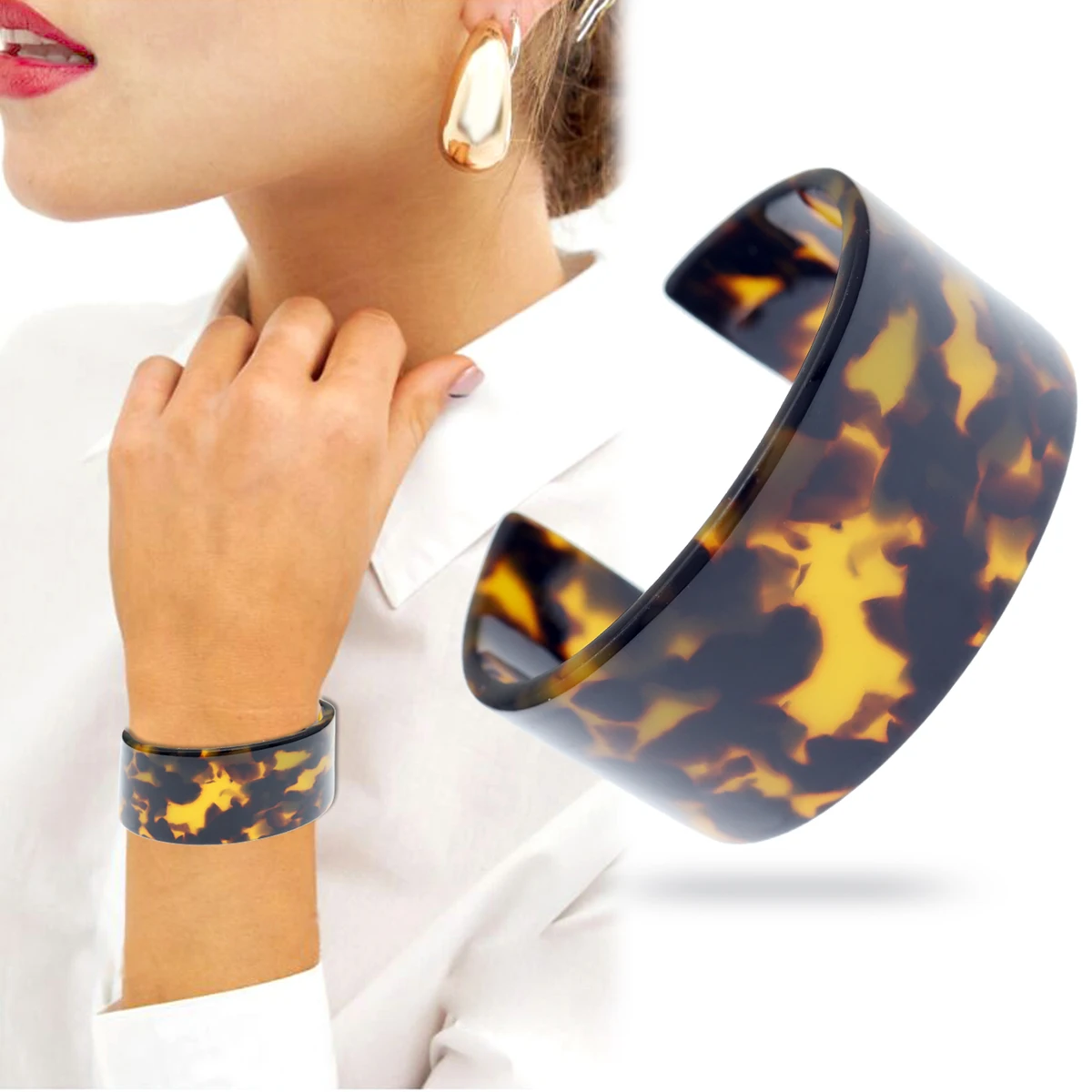 Tortoise Shell Acrylic Open Wide Women Bracelet Bangle Cuff Vintage ...