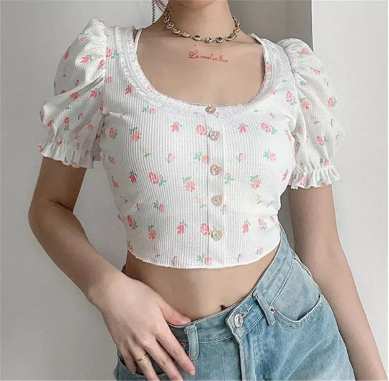 Camiseta feminina casual estampada floral, manga curta, gola baixa ...