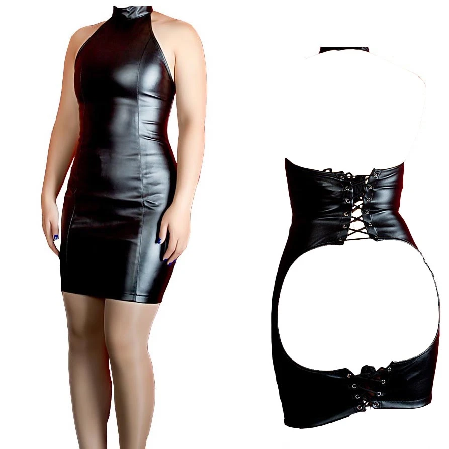 Sexy Faux Leather Open Butt Bodycon Mini Dress Turtle Neck Back Lace Up ...