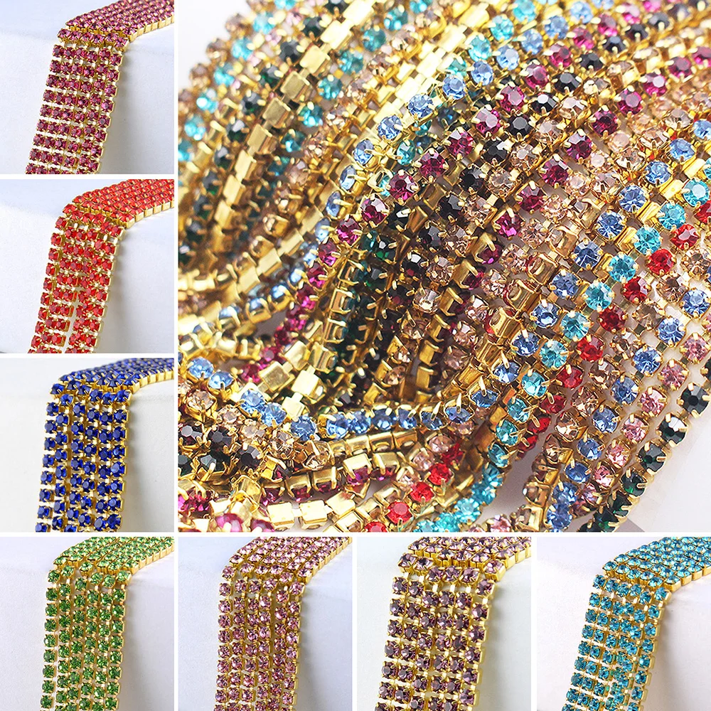 1-Meter-Rhinestones-Chain-ss6-ss12-Gold-Base-Shine-Crystals-Stones-Glue ...
