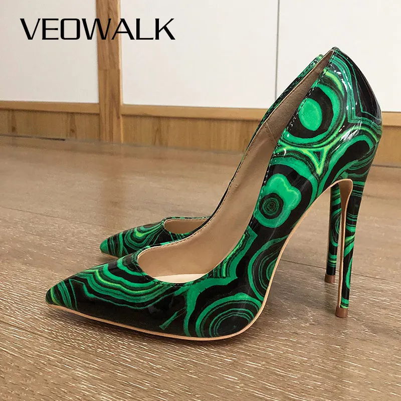 Veowalk Green Graffiti Printed Women High Heels Sexy Ladies Pointed Toe ...