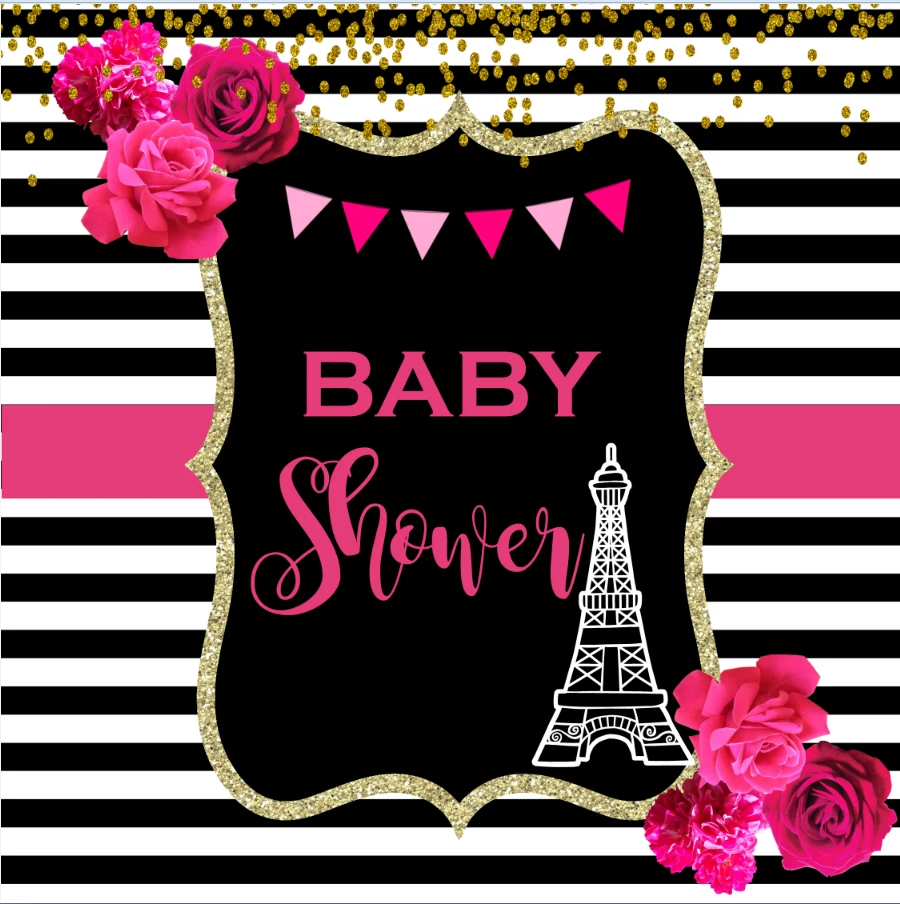 8x8ft Pink Rose Flowers Eiffel Tower Flags Black Stripes Baby Shower ...