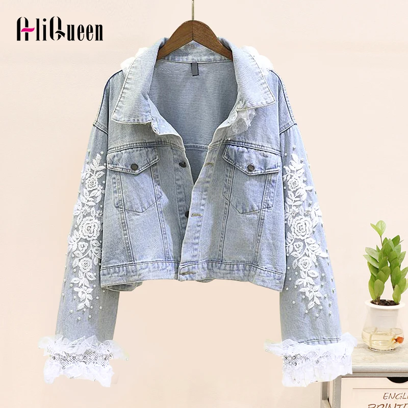 Women Sweet Mesh Patchwork Diamond Pearls Denim Jacket Womens Jackets ...