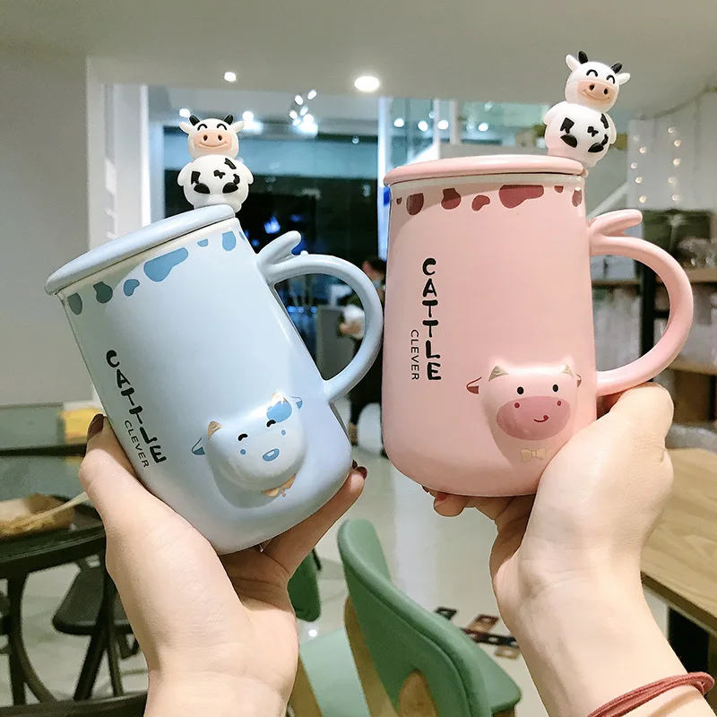 Taza de cerámica con dibujos animados de vaca, vaso creativo de 400ml para parejas, café, leche ...