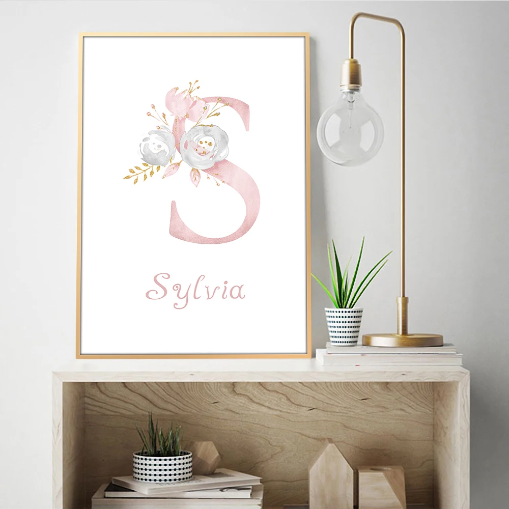 Personalized Baby Girl Name Wall Poster Picture Pink Art Letter Flower ...