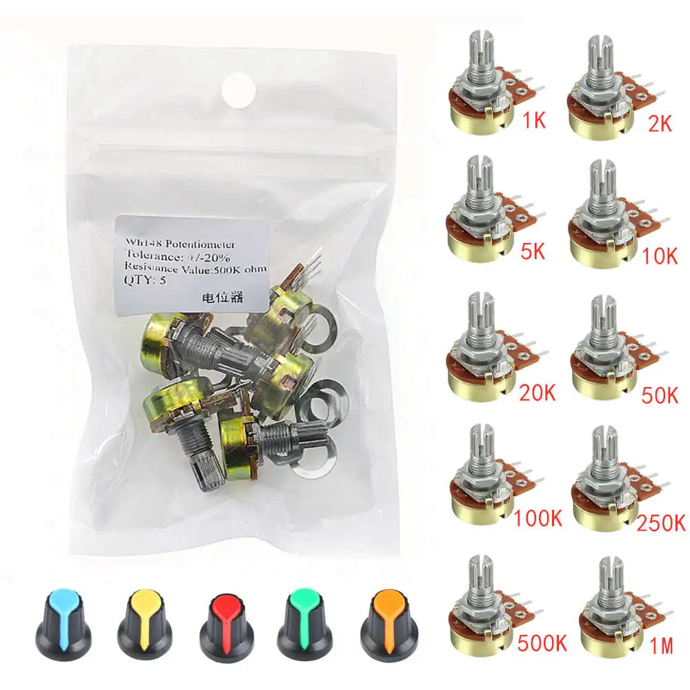 5pcs/lot WH148 Potentiometer Single Linear with knobs 1K 2K 5K 10K 20K ...