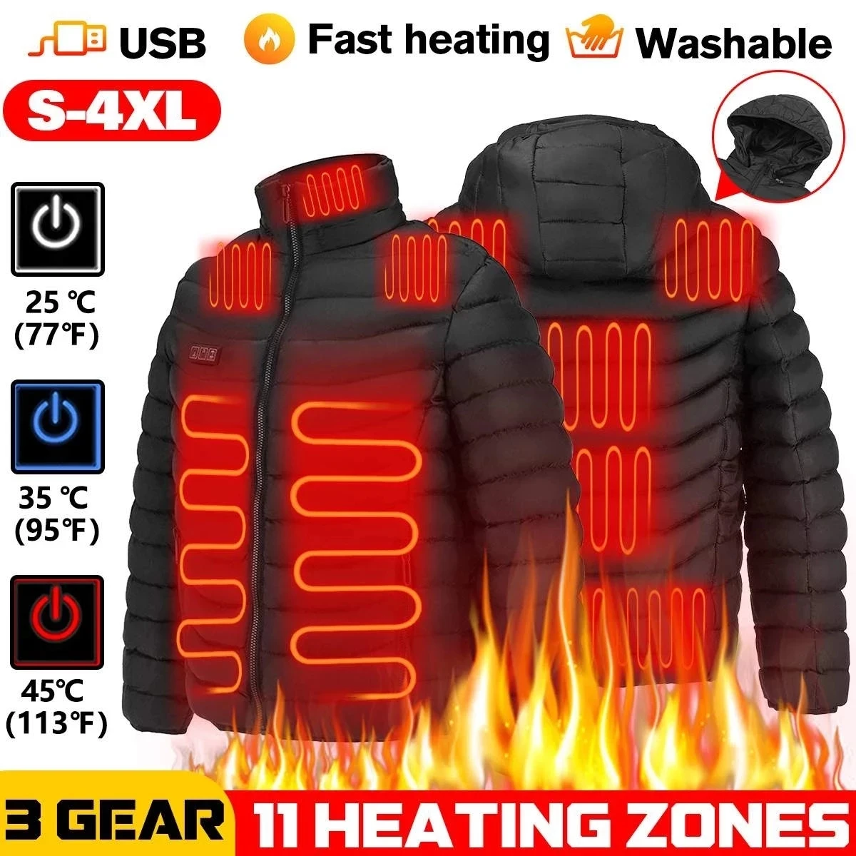 Men 11 Areas Heated Jackets Autumn Winter Warm Flexible Thermal Hooded ...