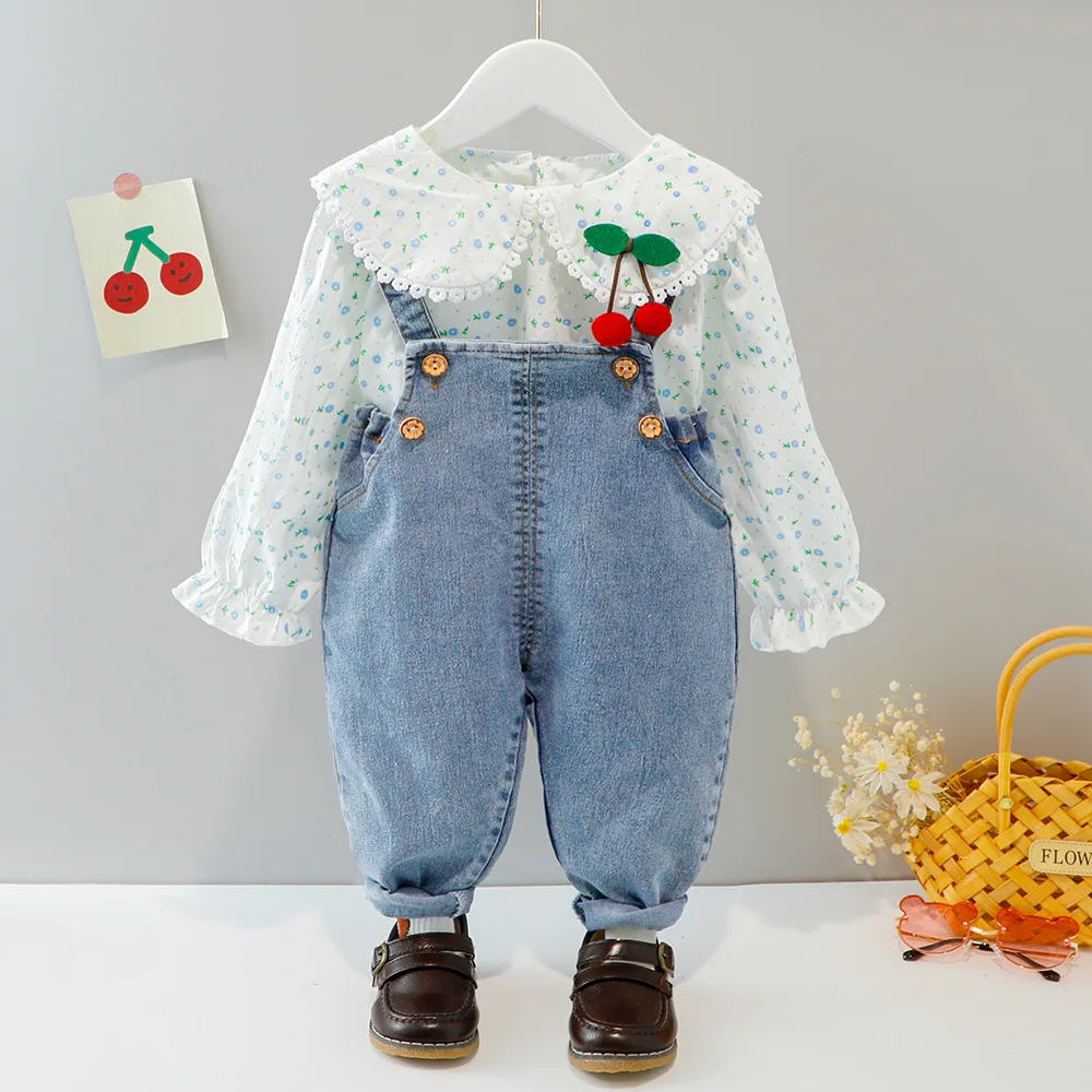 Spring newborn baby girls clothes outfit set floral shirt denim ...