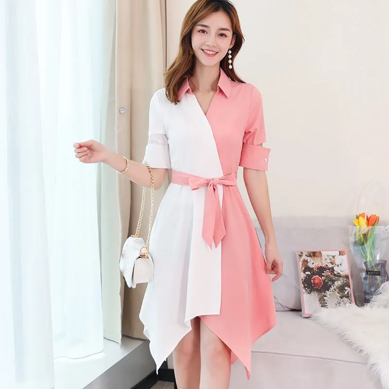 Summer Women 2 Color Patchwork Shirt Dresses V Neck Casual Half Sleeve ...
