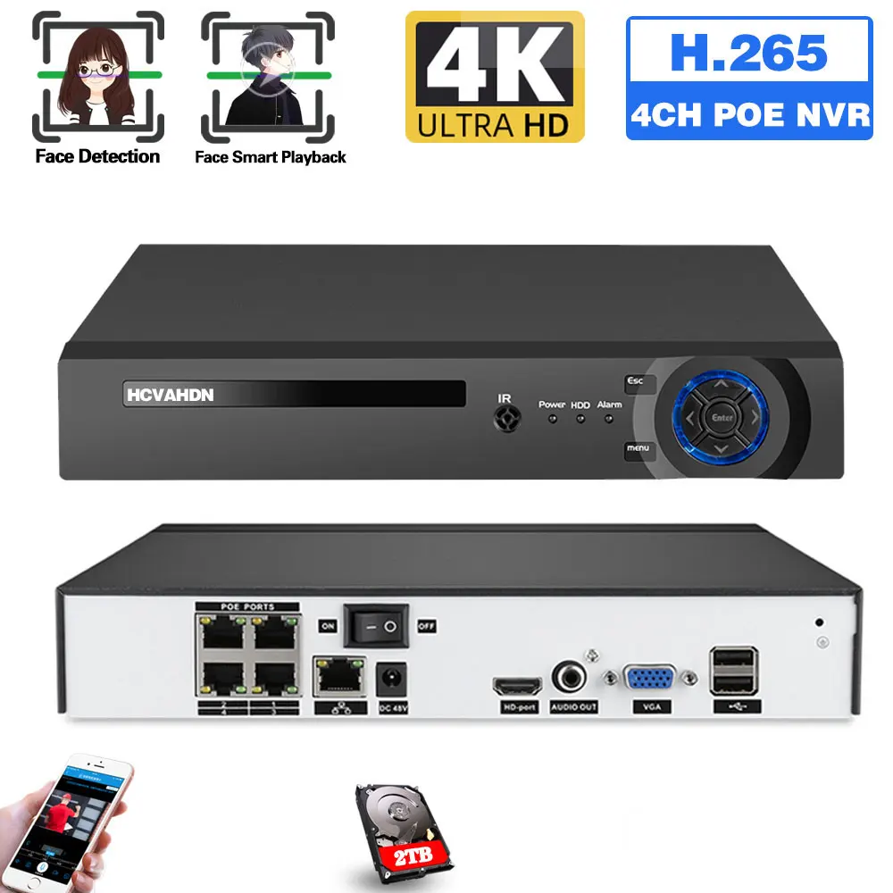4k 4CH 네트워크 비디오 감시 레코더 POE NVR 얼굴 감지 8MP 4 채널 CCTV POE NVR 레코더, IP 카메라 ...