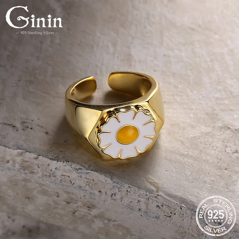 Ginin French Style 925 Sterling Silver Flowers Drip Glazed Golden Ring ...