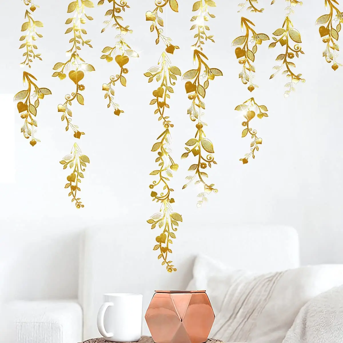 12Pcs Hollow Paper Gold Leaf Garlands Hanging Leaves Greenery Vines ...