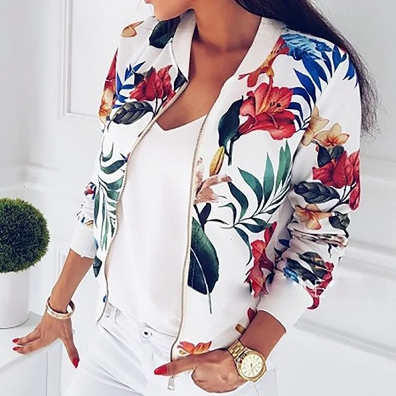 Women Floral Jackets Spring Summer Long Sleeve Zipper Print Bomber ...
