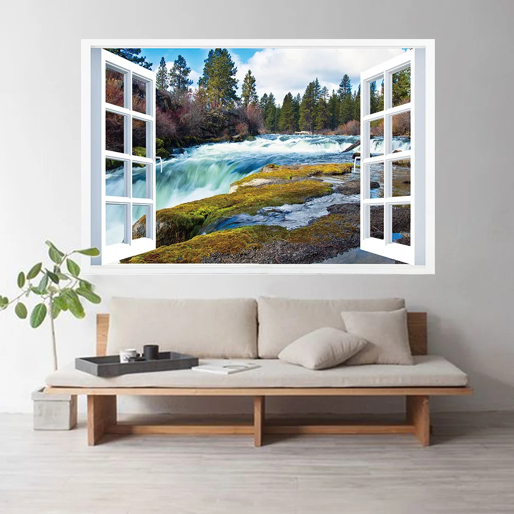3D Simulation Fake Window Wallpaper Lake Landscape Mountain Clouds Wall ...