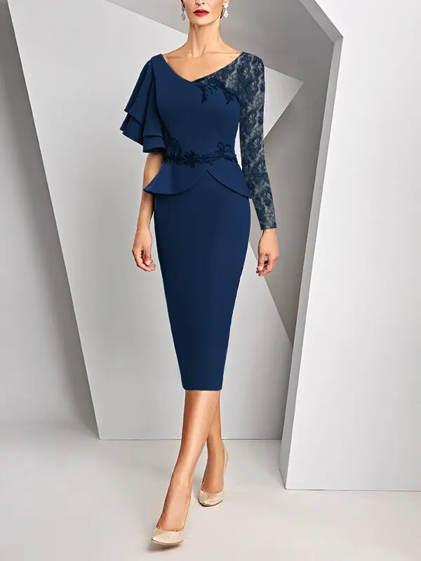 Navy Blue Mother Of The Bride Dresses Sheath V neck Long Sleeves Jersey ...