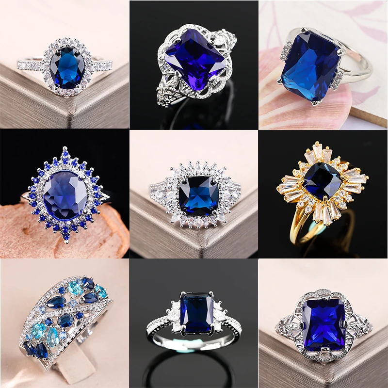 Fashion Big Blue Stone Ring Charm Jewelry Women CZ Wedding s Promise ...