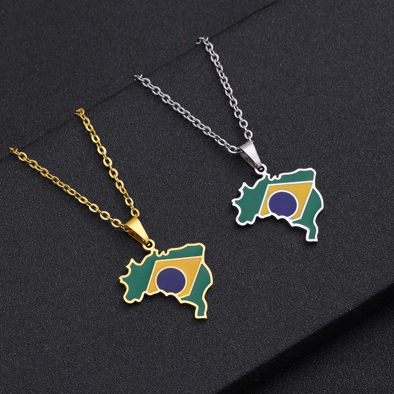 Enamel Stainless Steel Brazil Map And Flag Pendant Necklace Brasil Maps ...
