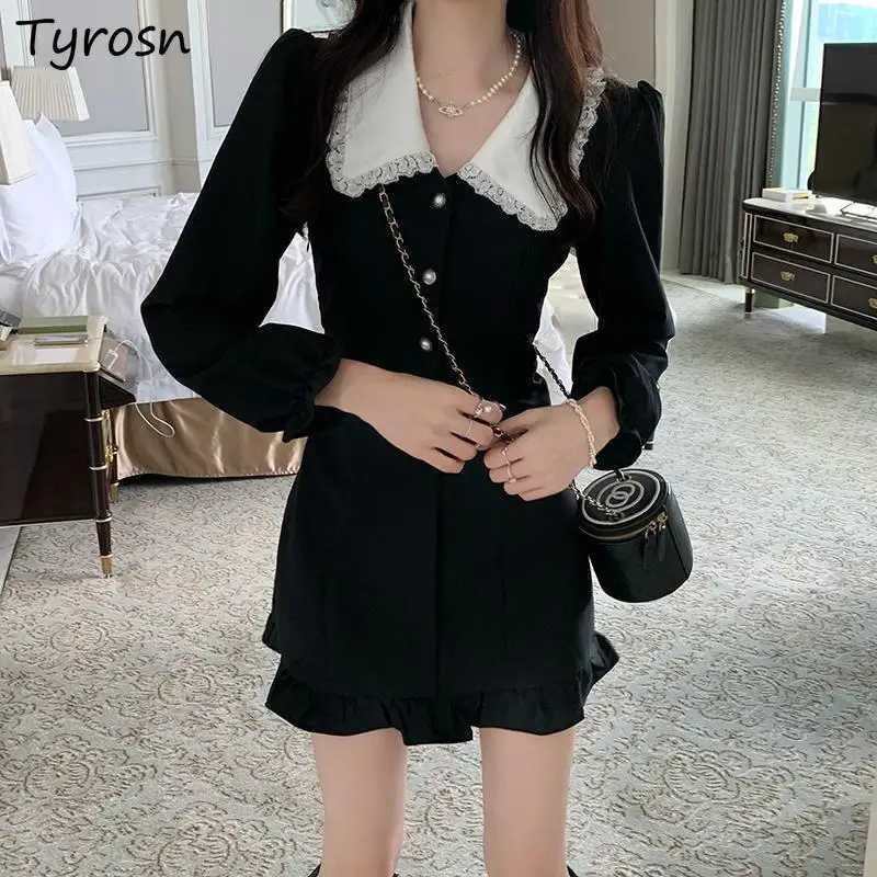 여성용 긴팔 드레스 달콤한 패치워크 디자인 피터팬 칼라 러플 버튼 우아하고 섹시한 미니 드레스 팜므 스트리트웨어