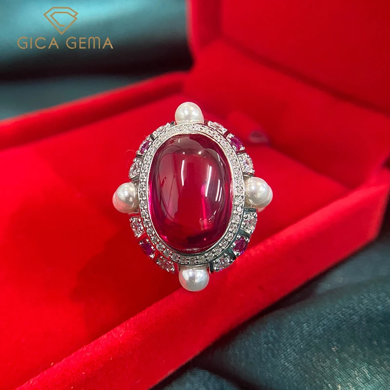 GICA GEMA Vintage 100% 925 Sterling Silver Oval Ruby Pearls Gemstone ...
