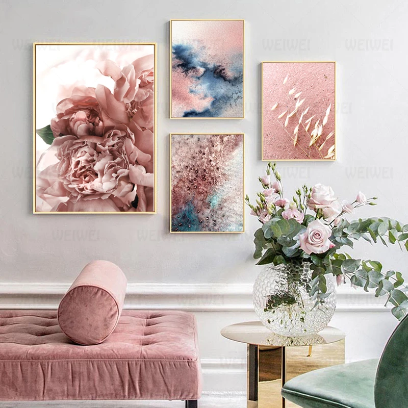 Light Pink Wall Art Abstract Watercolor Canvas Painting Flower Poster ...