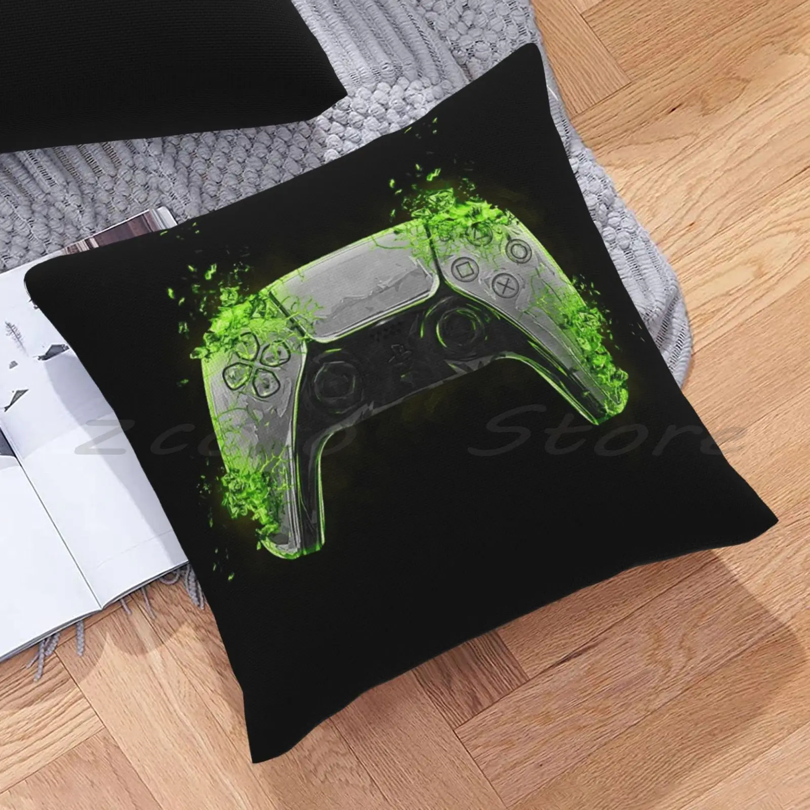 Playstation-5-Controller-Shattered-Green-Pillowcase-Lettering-Throw-Pillow-Cover-Cotton-Flax ...