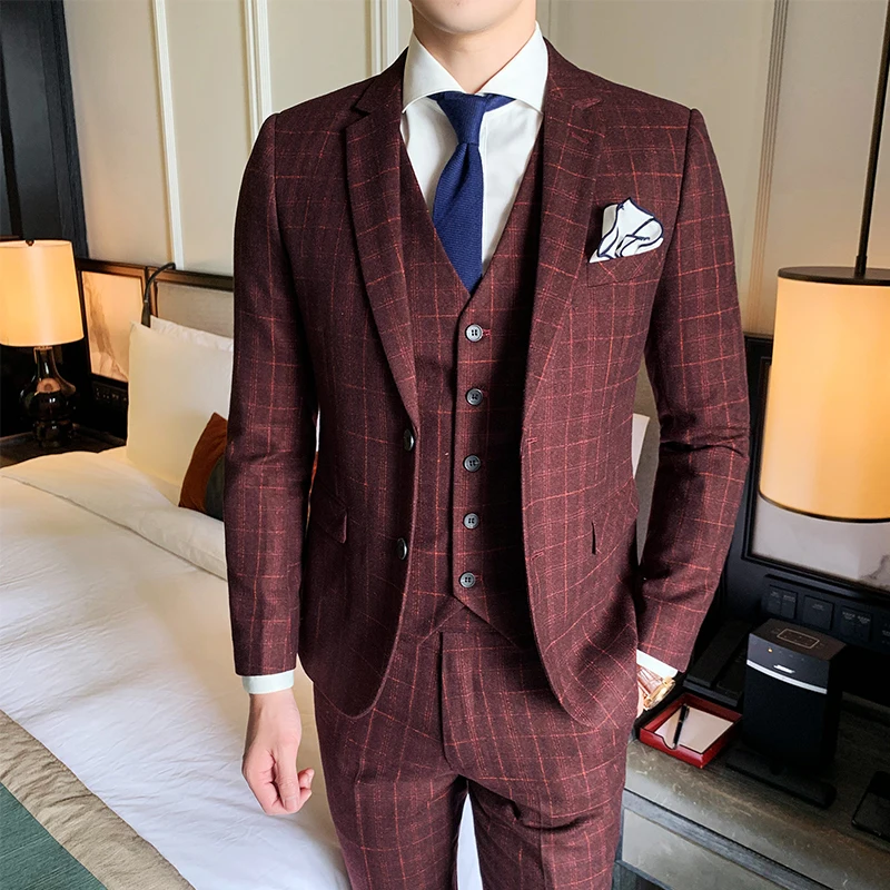 Men Clothes Plaid Lattice Single Buckle Wrinkle Drape Slim Suits Groom ...