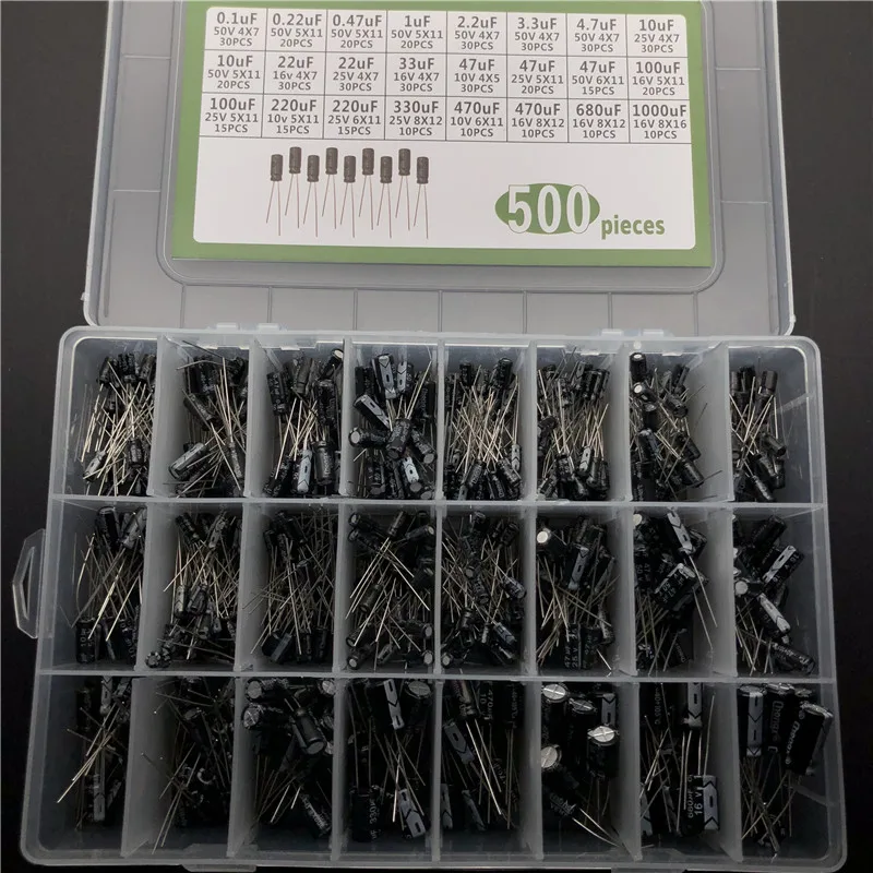 24Value 500pcs Electrolytic Capacitor Assortment Box Kit Range 0.1uF ...