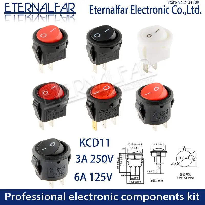 KCD11 3A 250V AC 6A 125V SPDT 온오프 오프닝 15mm 풀 라운드 레드 블랙 화이트 2 피트 3 핀 2 ...