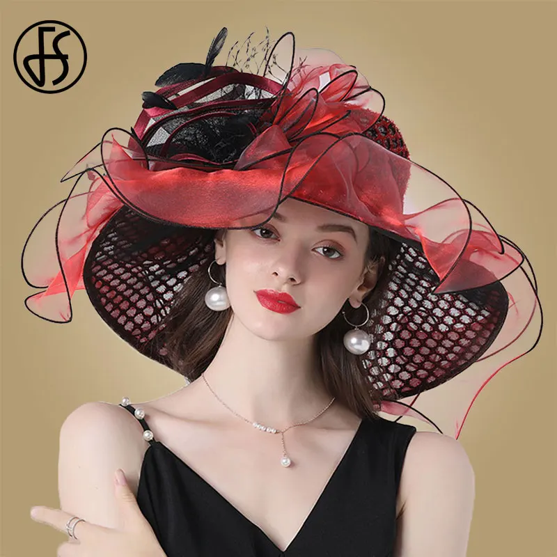 FS Women Organza Red Hats Wedding Fascinators Elegant Big Wide Brim ...
