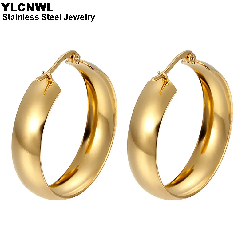 Gold Color Stainless Steel Simple Hoop Earrings For Women Round Fashion ...