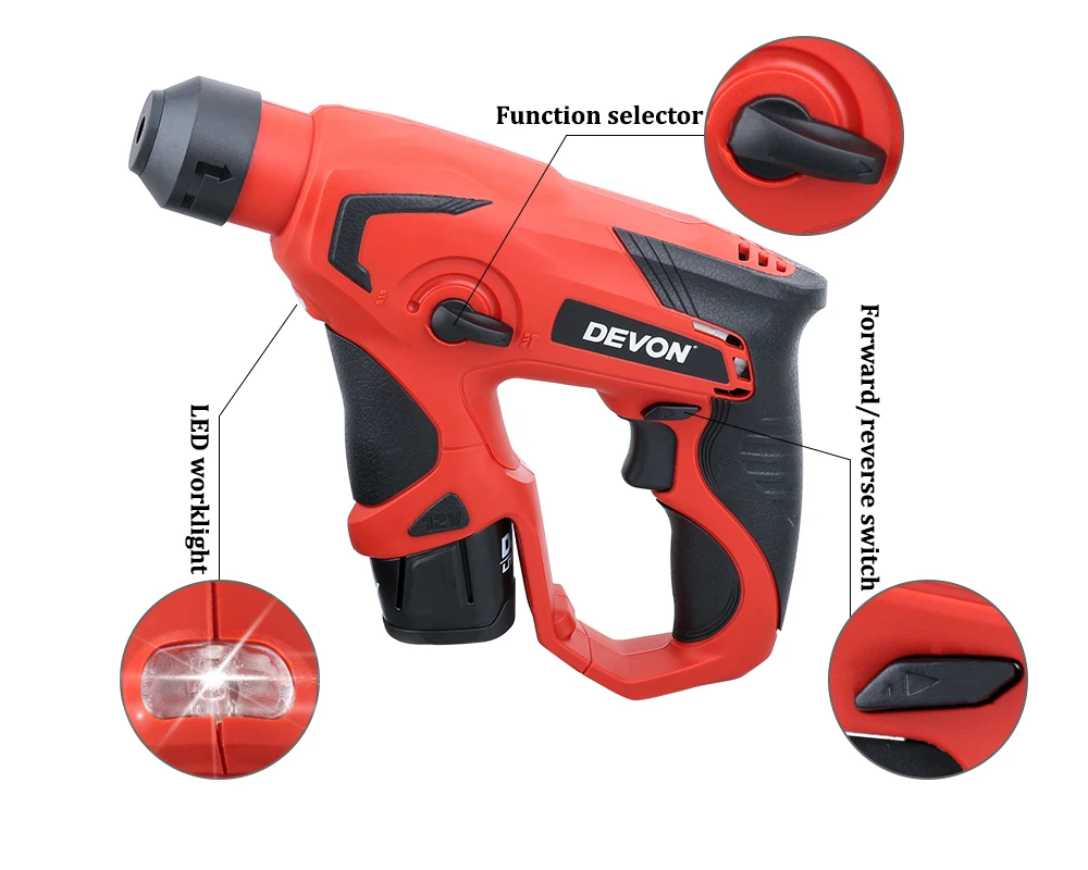 DEVON 12V Аккумуляторный поворотный молоток литий-ионный электрический ...