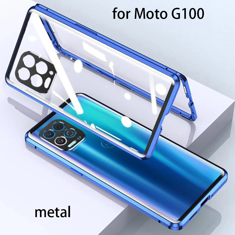 Magnetic Adsorption Case For Moto G100 Metal Frame Clear Tempered Glass ...